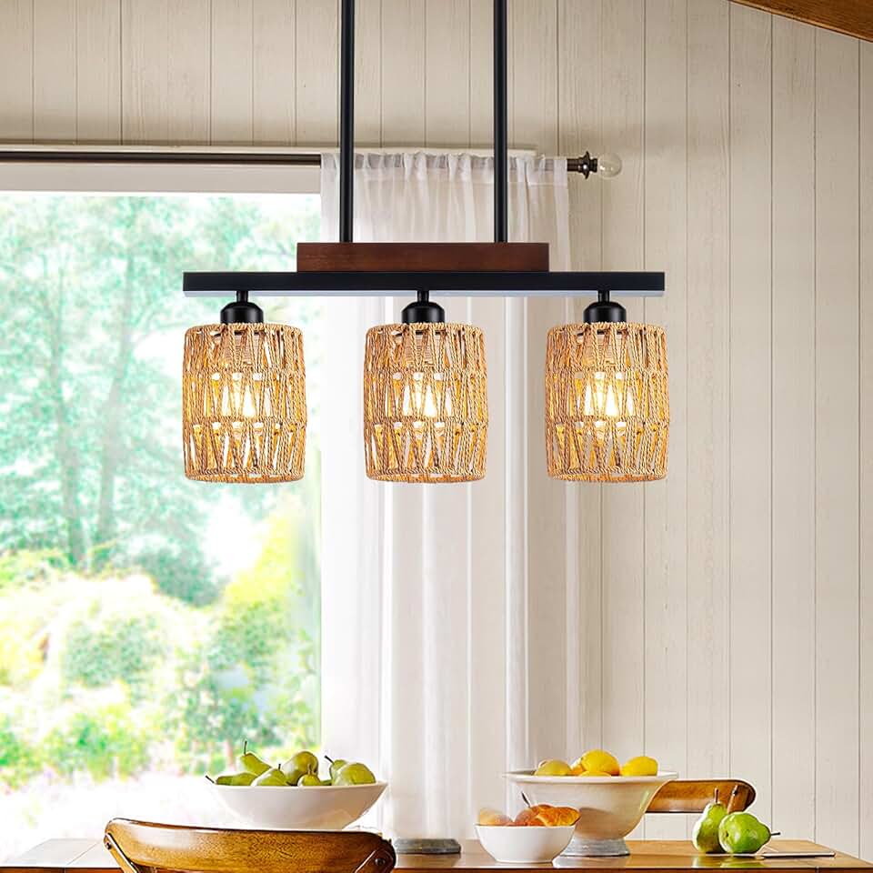 Rattan Farmhouse Kitchen Island Lighting, 3 Lights Boho Dining Room ...