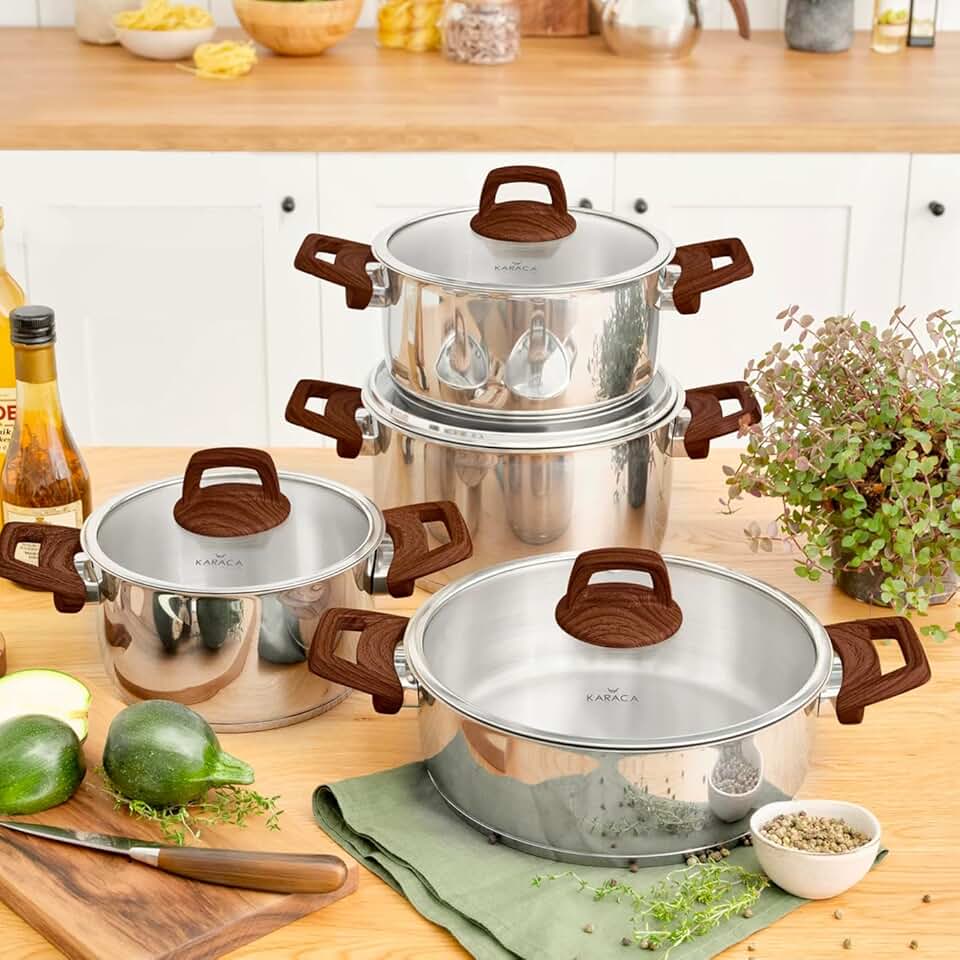 Silva Stainless Steel Stock Pot Set of 4 with Wooden Handles (2.1/3.2/3 ...