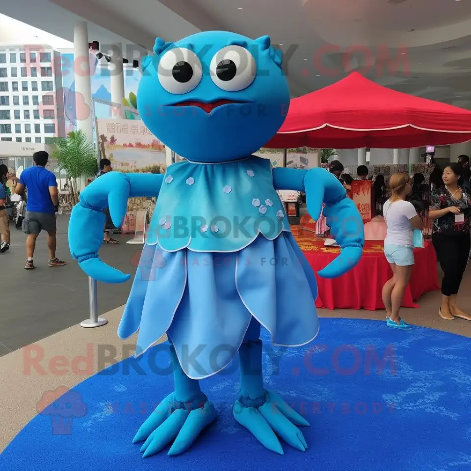 Sky Blue Crab Cakes mascot costume character dressed with a Maxi Dress ...
