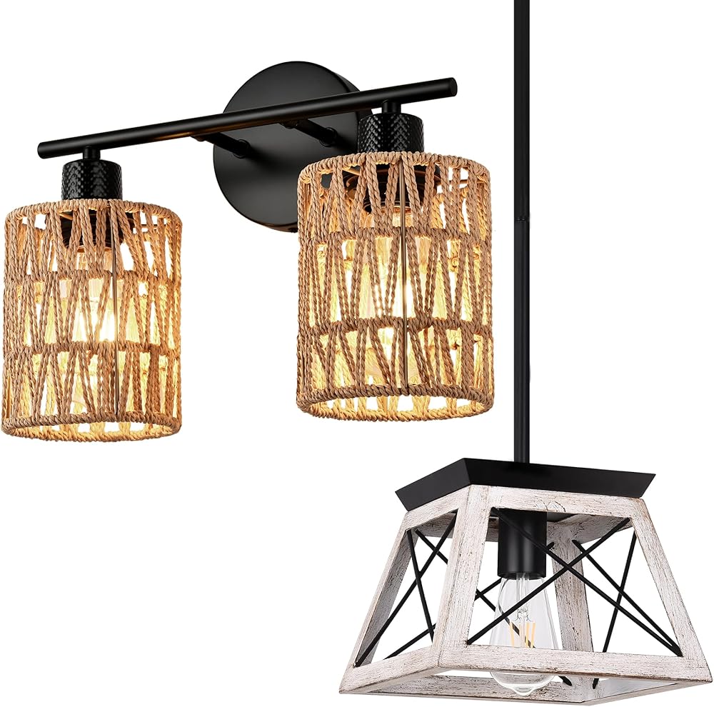 Farmhouse Pendant Light Bundle Rattan Vanity Light, E26 Base Coastal ...