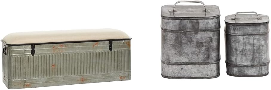 Deco 79 50" Metal Storage Bench with Burlap Top and Set of 2 Galvanized ...