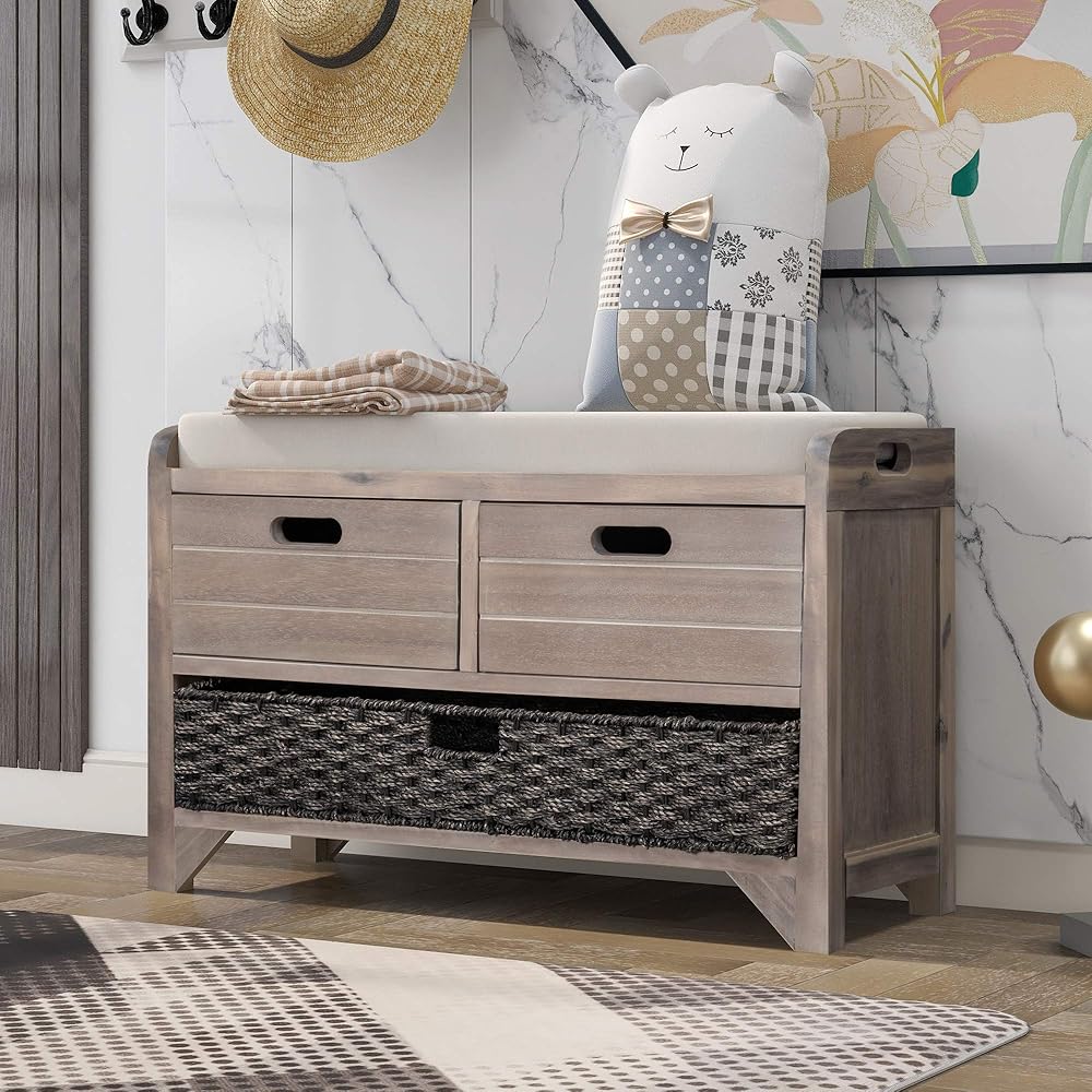 Wood Storage 1 Rattan Basket and 2 Drawers,Fully Assembled Shoe Bench ...