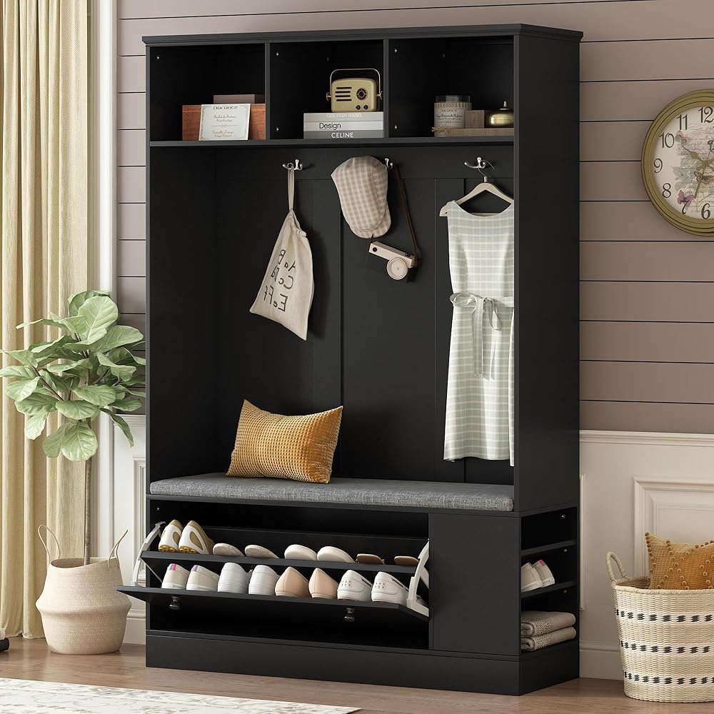 U-Can 5-in-1 Entryway Bench with Coat Rack, Cushion and 3 Sturdy Hooks ...