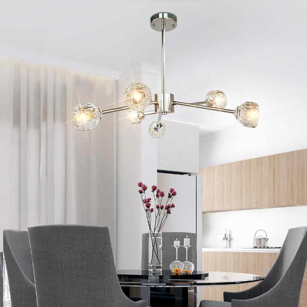 CRYSTOP Modern Sputnik Light Fixtures 6 Light, Silver Crystal Pendant ...