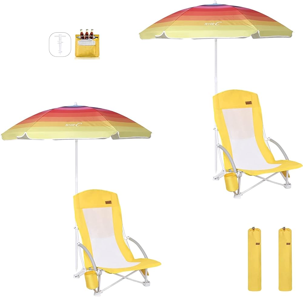 Nice C 2 Pack Yellow Beach Chair with Cooler and Umbrella + 2 Backpack ...