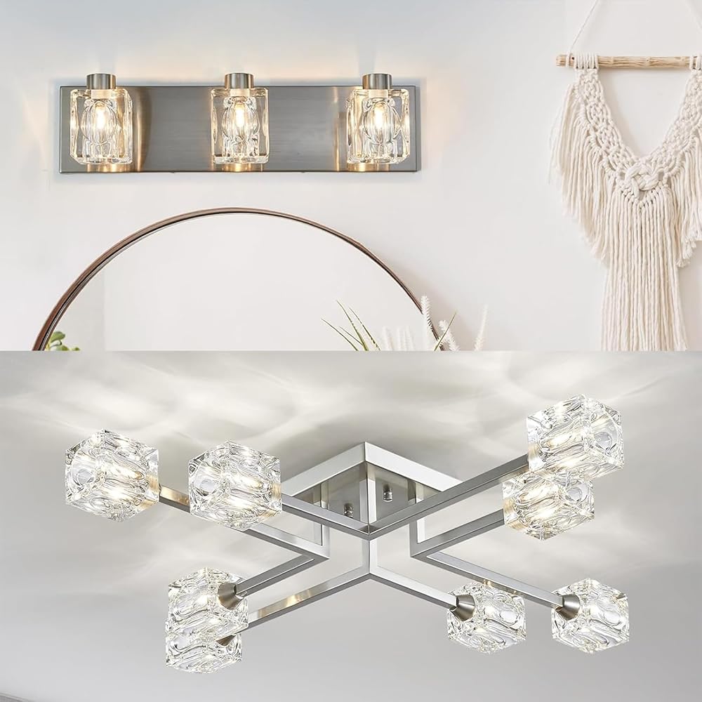 XINGQI Brushed Nickel Ceiling 8-Light & Bathroom Vanity 3-Light ...