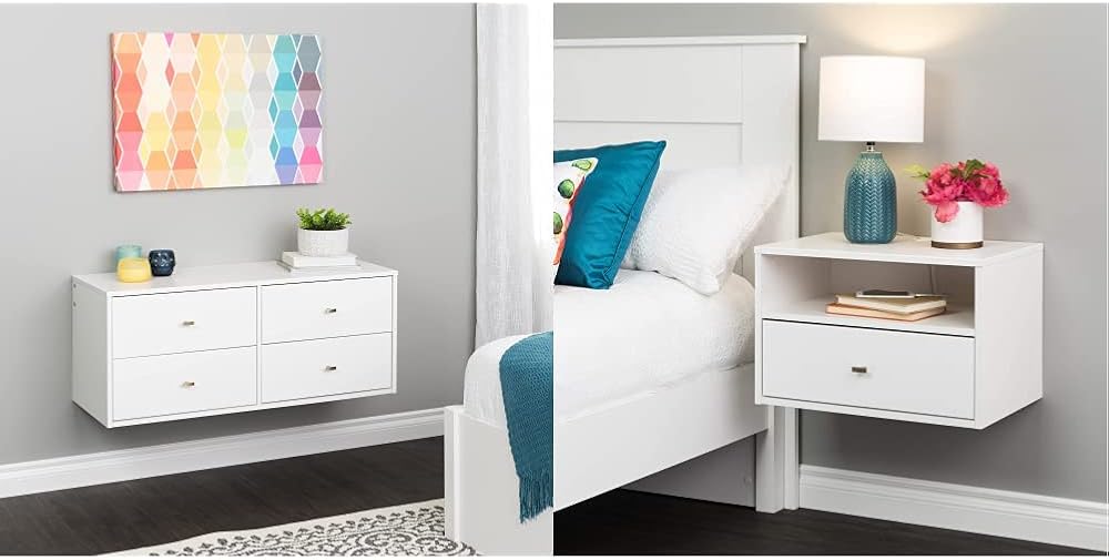 Prepac Floating Dresser, 4-Drawer, White & Floating Shelf with Drawer ...